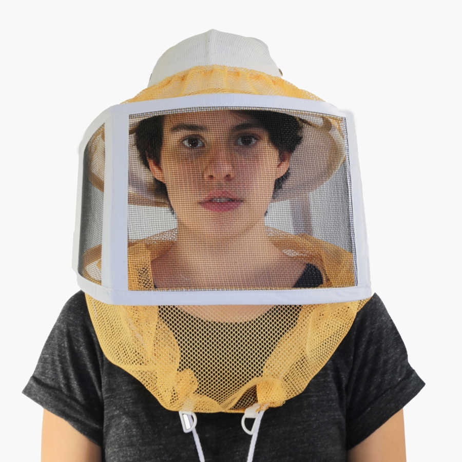 A square folding bee veil with a helmet - front view. | Wells Can Company